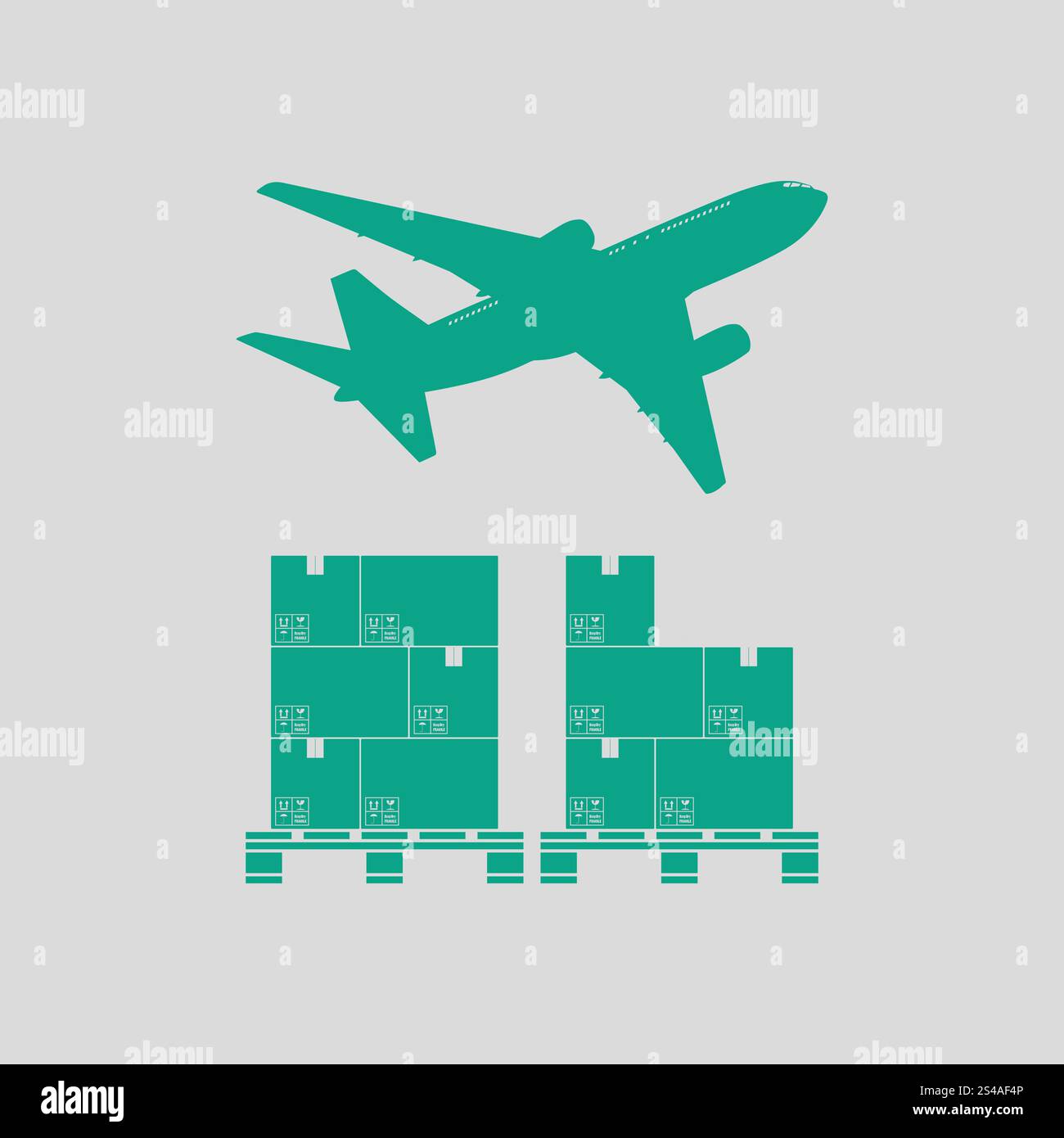 Boxes on pallet under airplane. Gray background with green. Vector ...