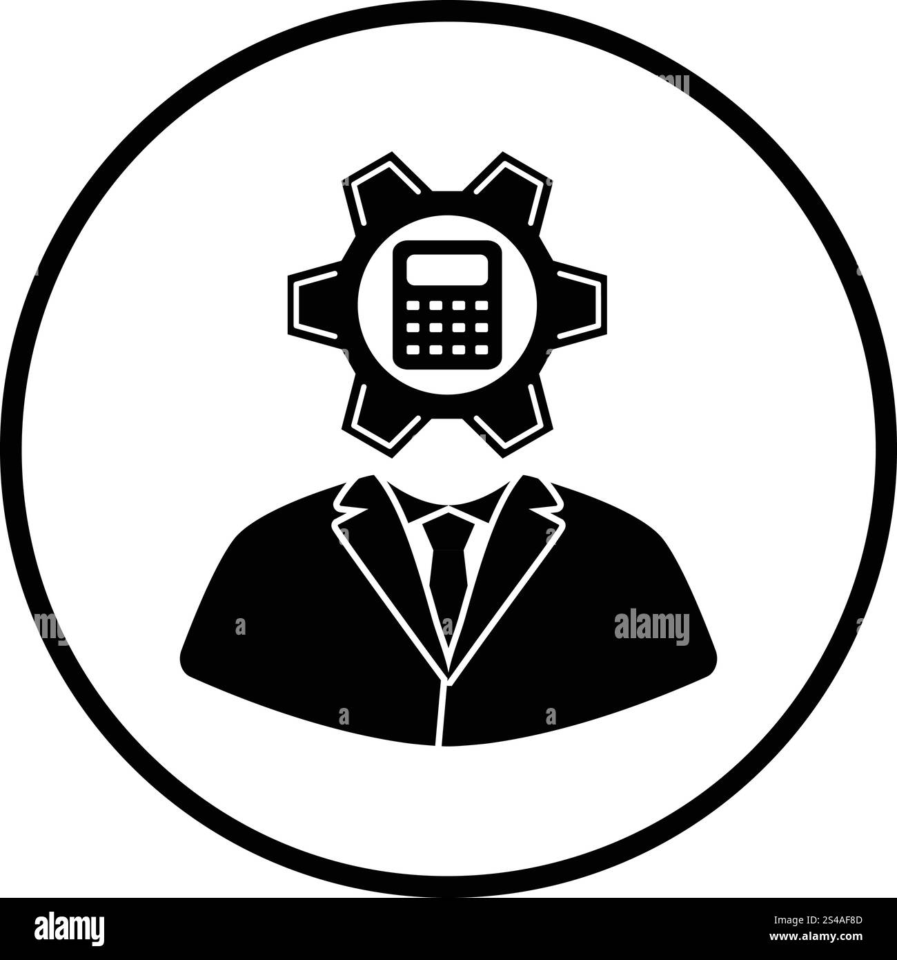 Analyst with gear hed and calculator inside icon. Thin circle design ...