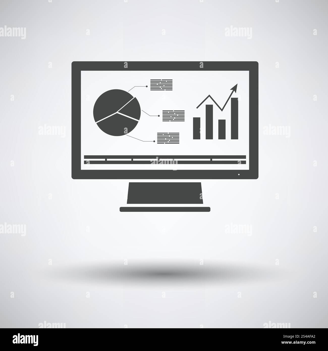 Monitor with analytics diagram icon on gray background, round shadow ...