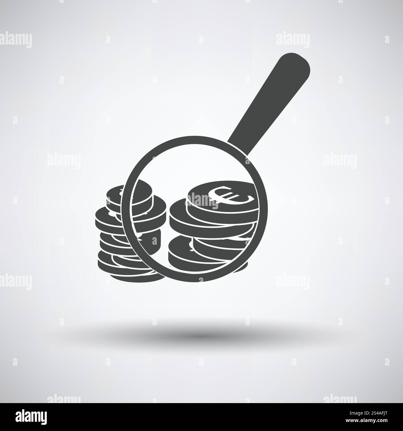 Magnifying over coins stack icon on gray background, round shadow ...