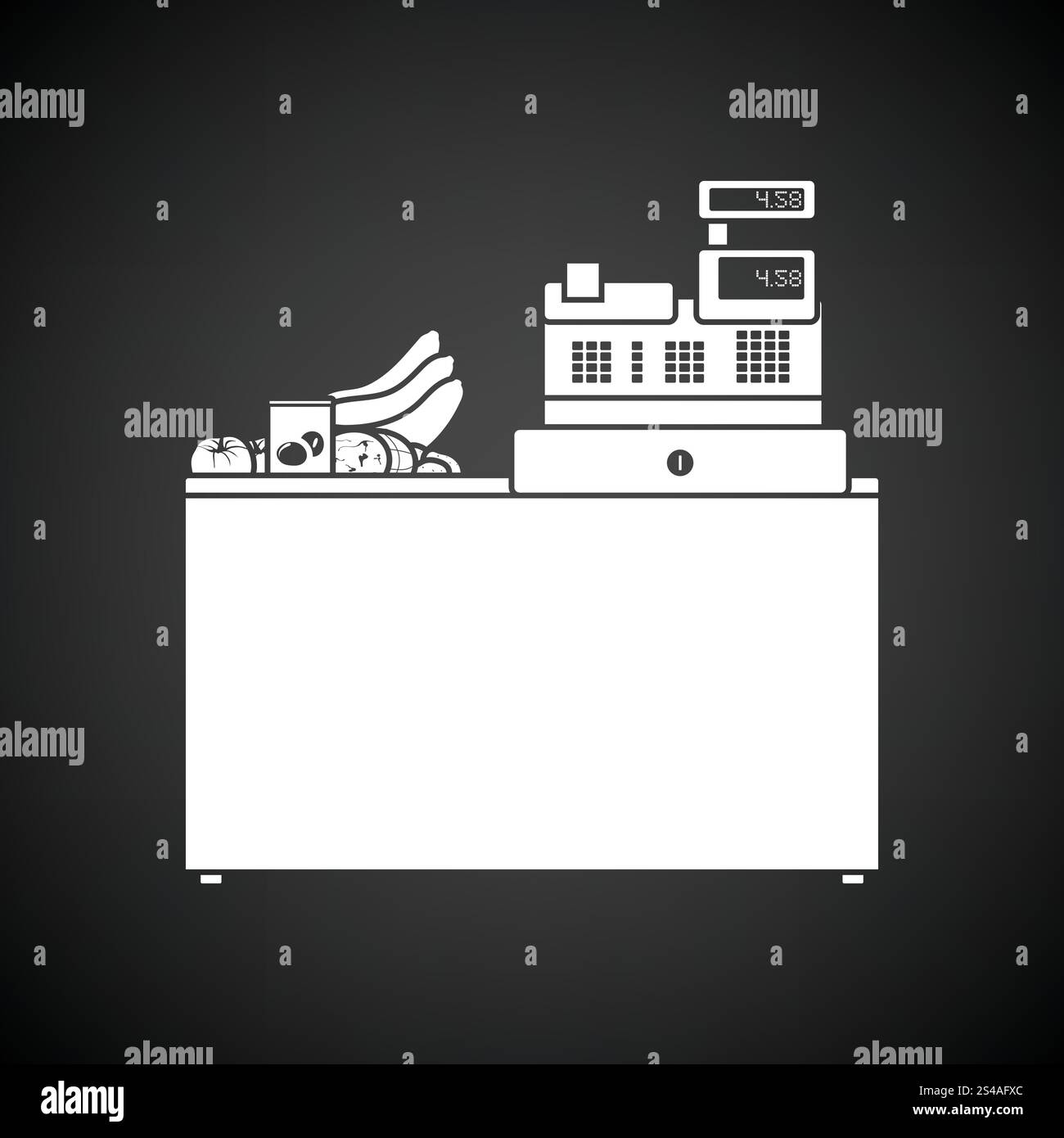 Supermarket store counter desk icon. Black background with white ...