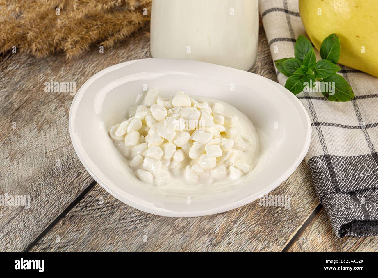 Grain cottage cheese with sour in the bowl Stock Photo - Alamy
