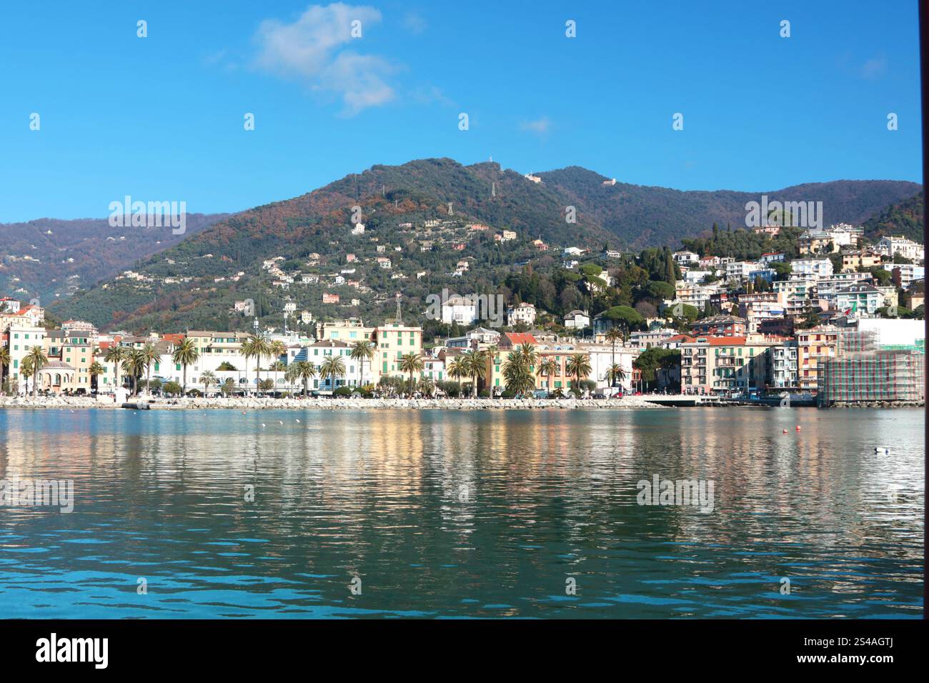 View from sea of traditional buildings and old architecture of Rapallo ...