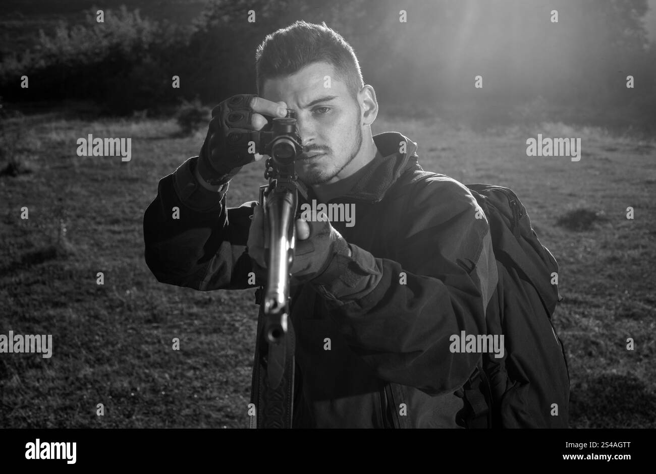 Hunting gun. Hunter with shotgun gun on hunt. Calibers of hunting ...