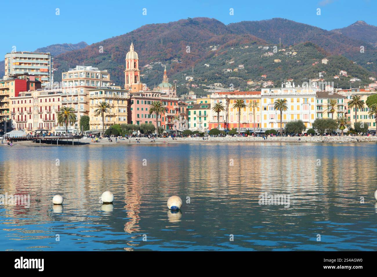 View from sea of traditional buildings and old architecture of Rapallo ...