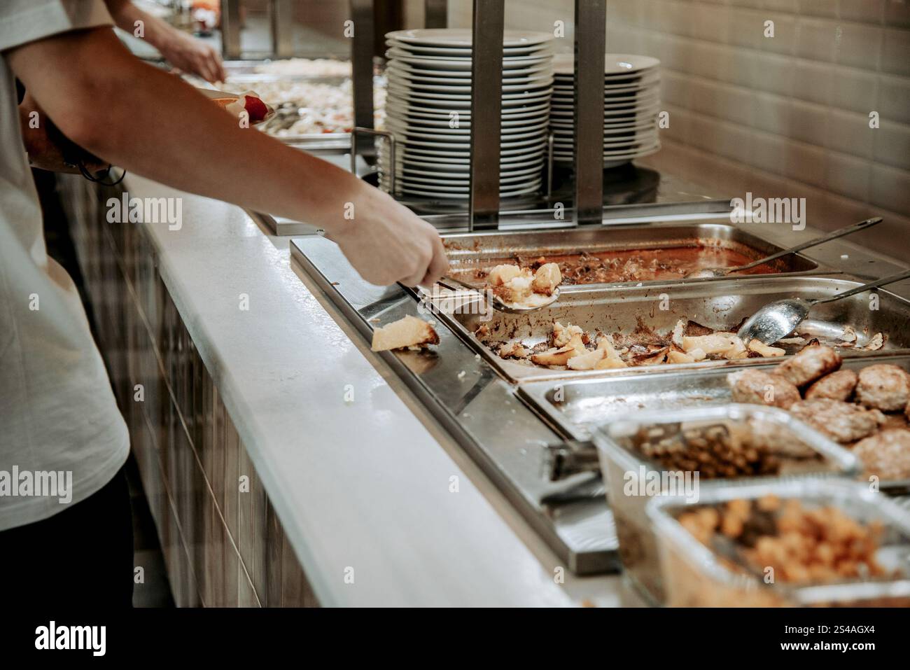 Buffet in the hotel restaurant, various food dishes on a tray, dinner ...