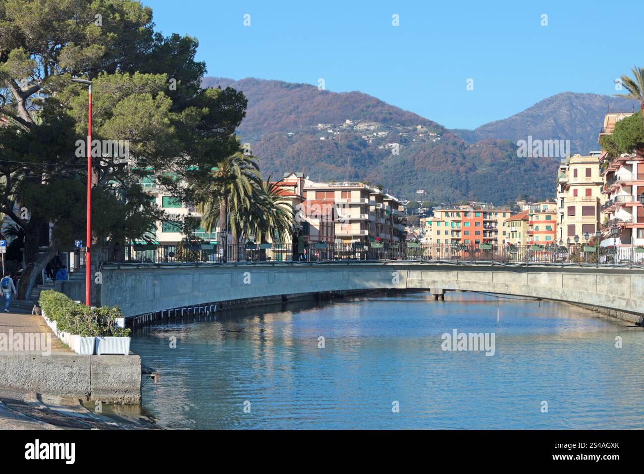 View from sea of traditional buildings and old architecture of Rapallo ...