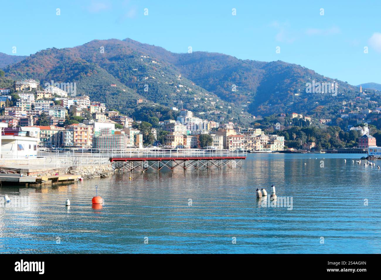 View from sea of traditional buildings and old architecture of Rapallo ...