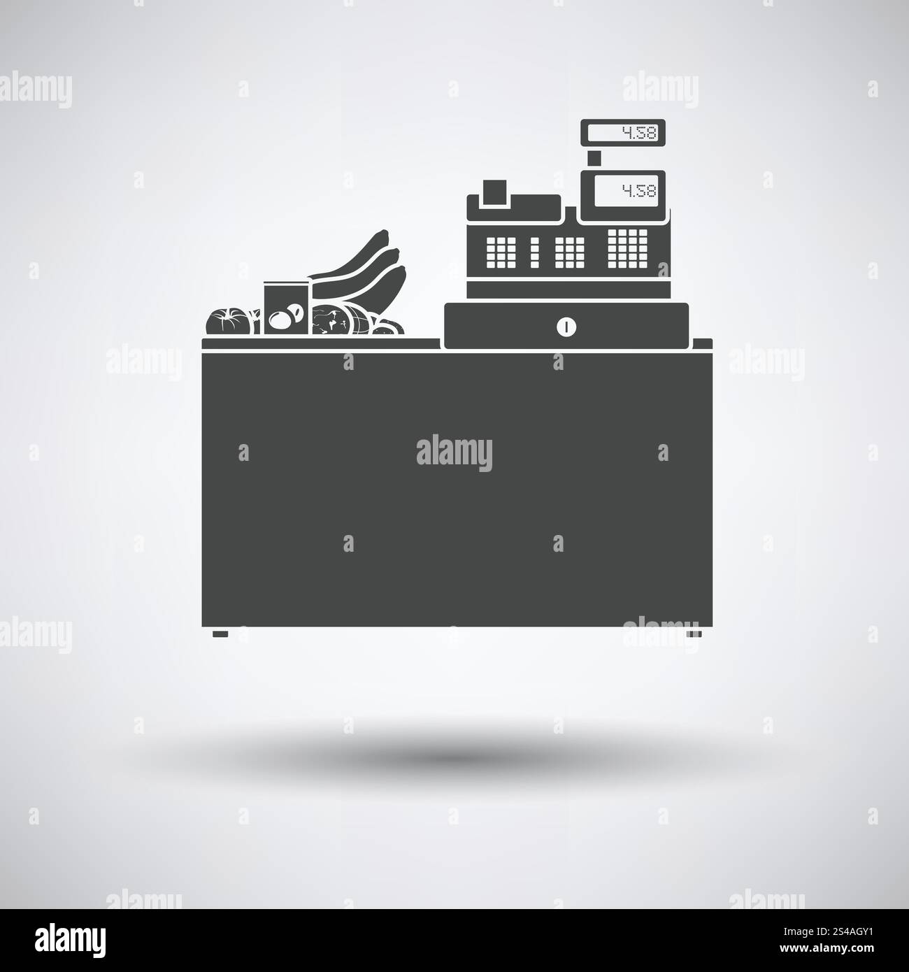 Supermarket store counter desk icon on gray background, round shadow ...