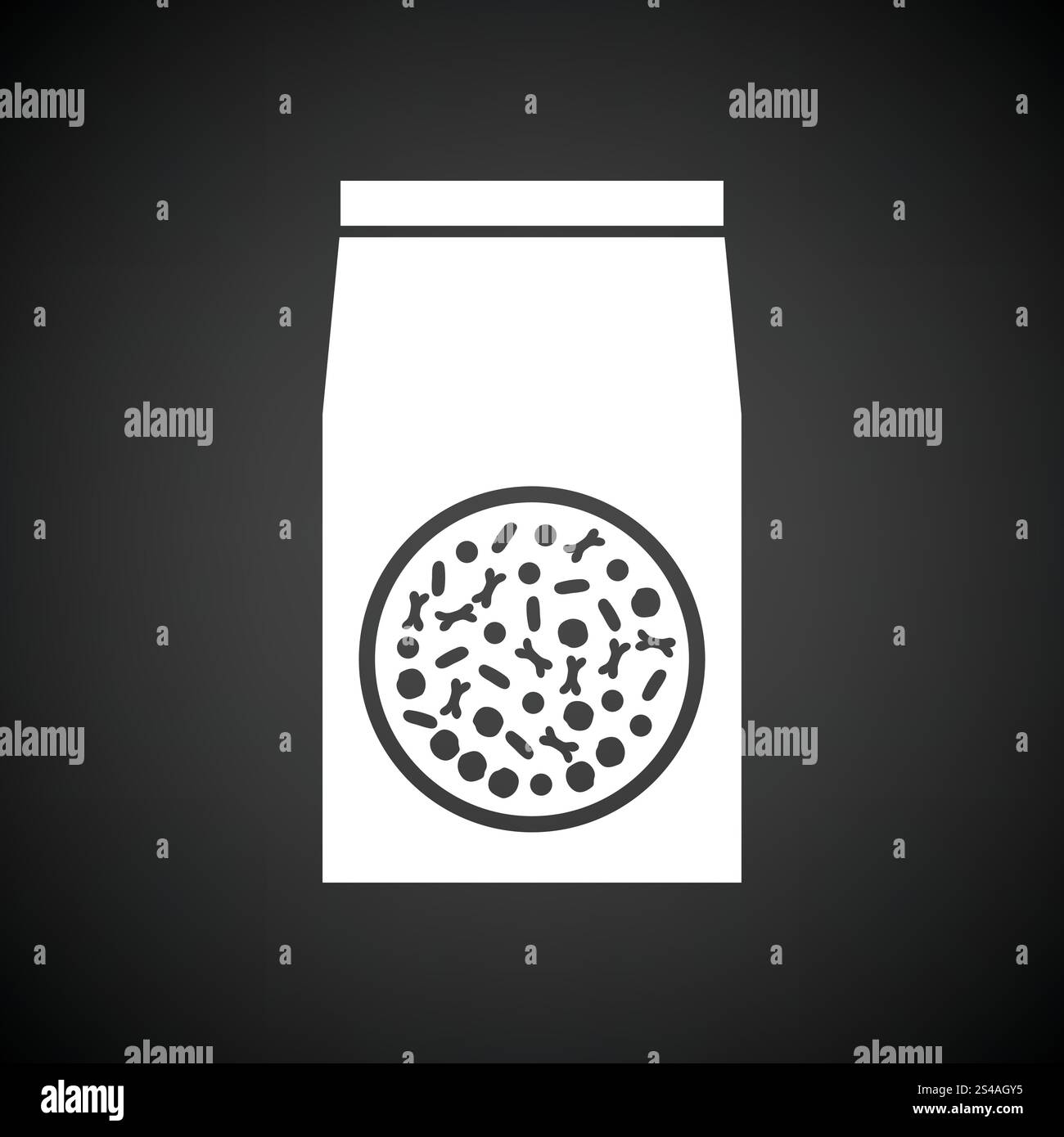 Packet of dog food icon. Black background with white. Vector ...