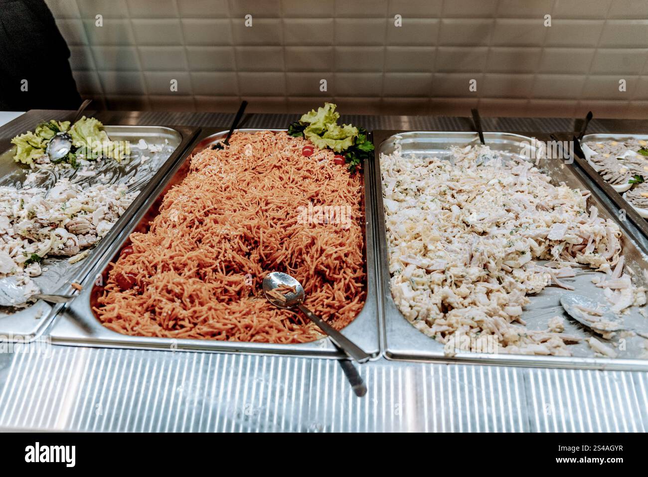 Buffet in the hotel restaurant, various food dishes on a tray, dinner ...