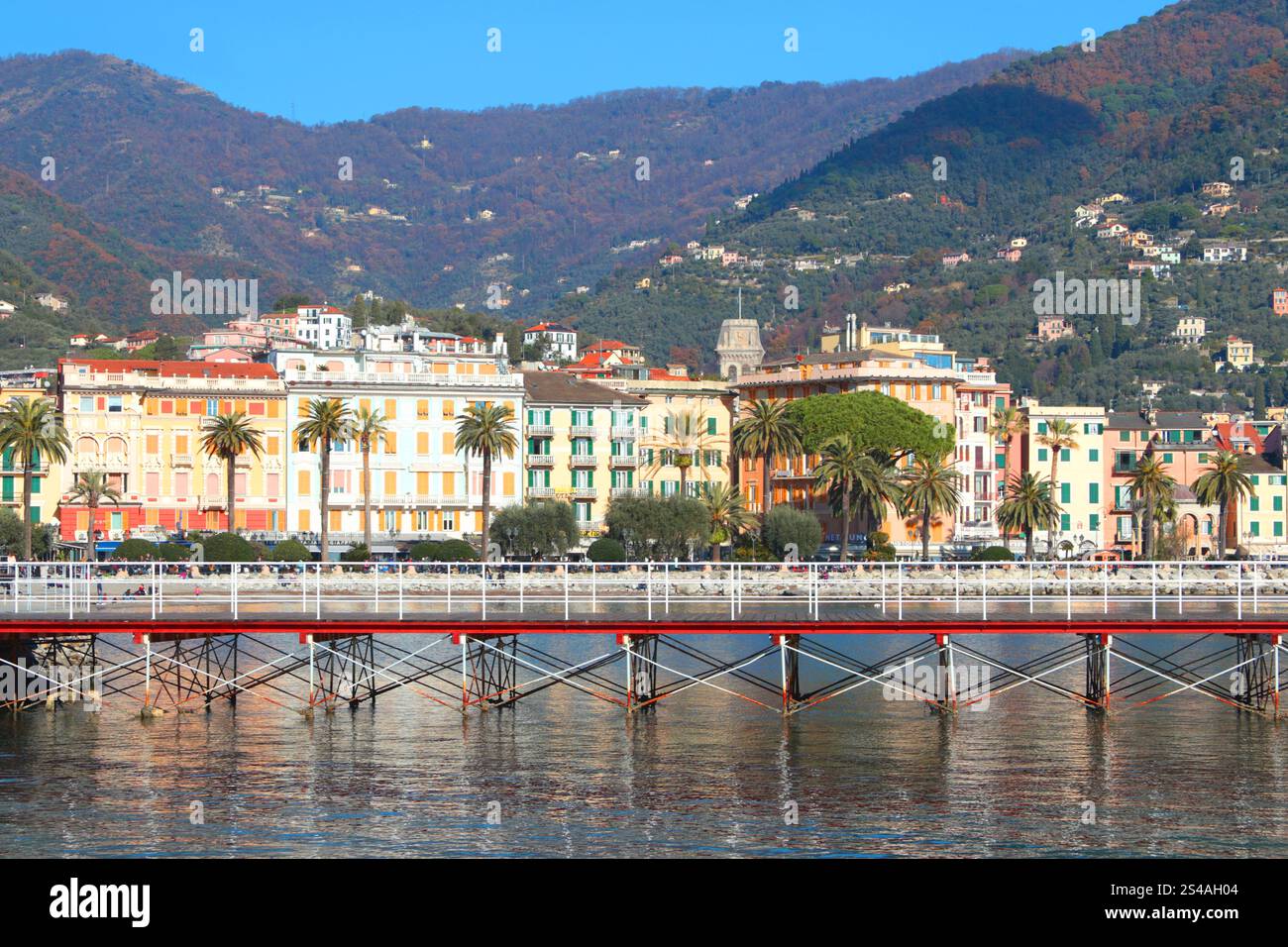 View from sea of traditional buildings and old architecture of Rapallo ...