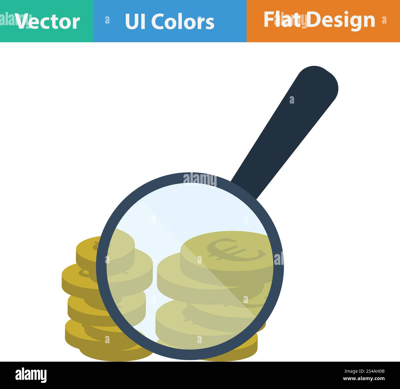Magnifying over coins stack icon. Flat design. Vector illustration ...
