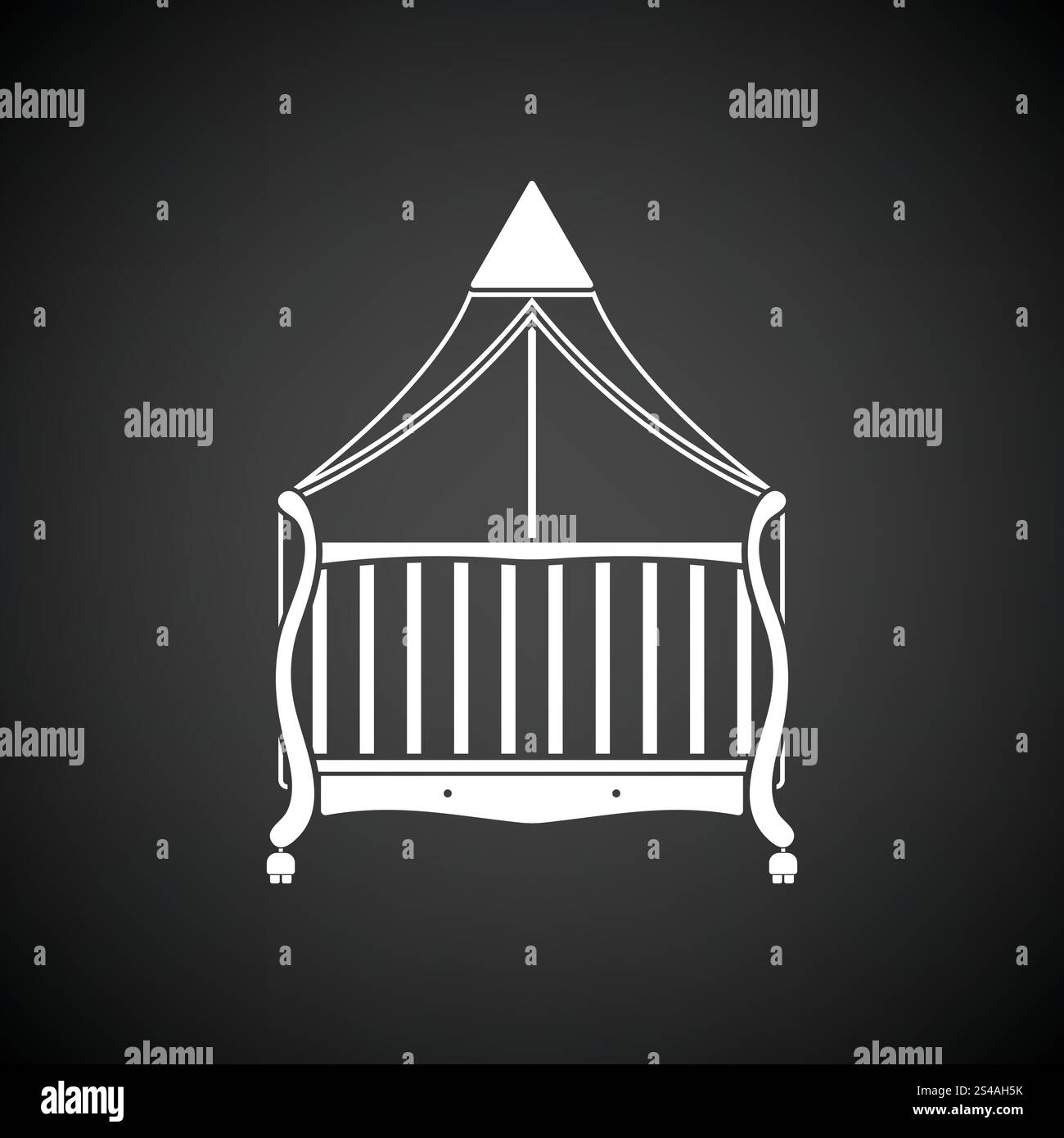 Crib with canopy icon. Black background with white. Vector illustration ...