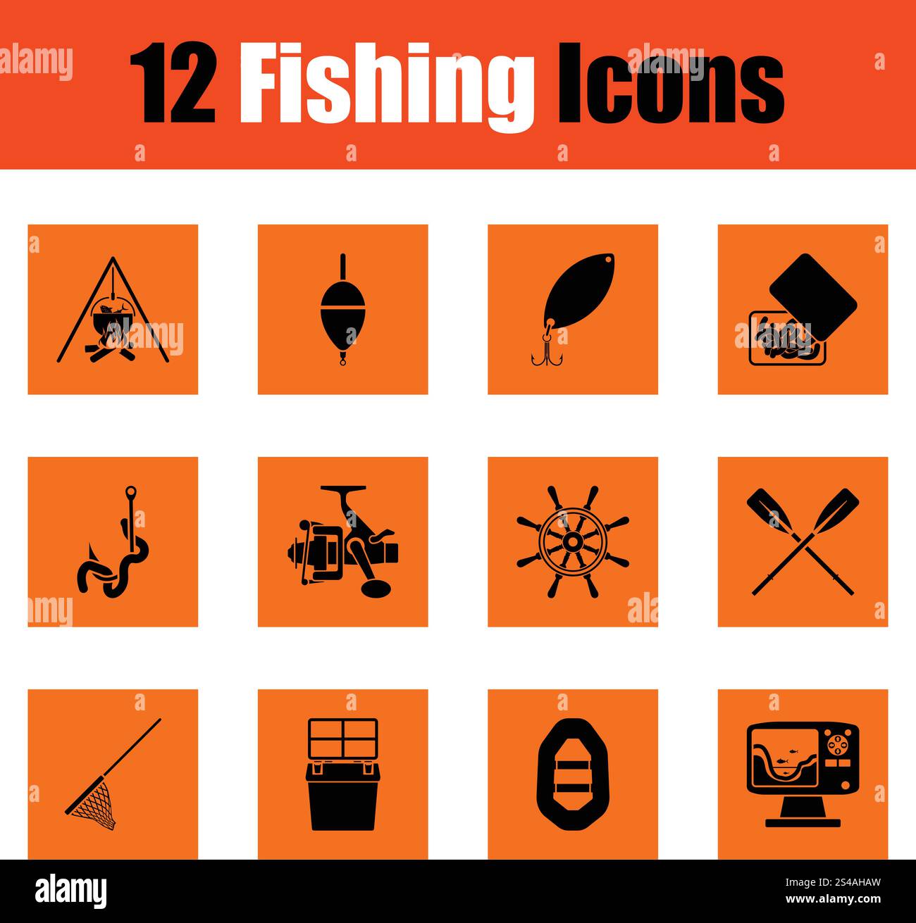 Fishing icon set. Orange design. Vector illustration Stock Vector Image ...