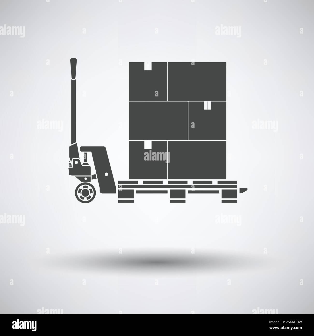 Hand hydraulic pallet truc with boxes icon on gray background, round ...