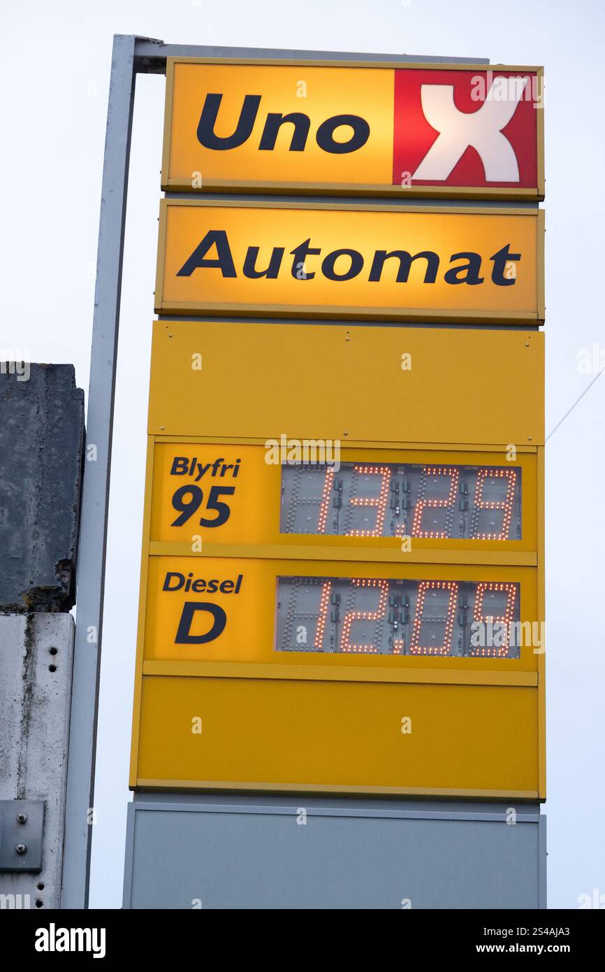 In this photo, a billboard of the Uno-X gas station shows the prices of ...