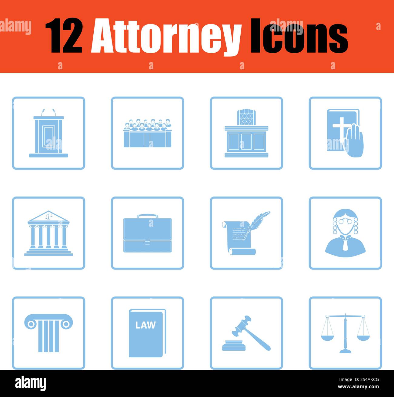 Set of attorney icons. Set of attorney icons. Blue frame design. Vector ...