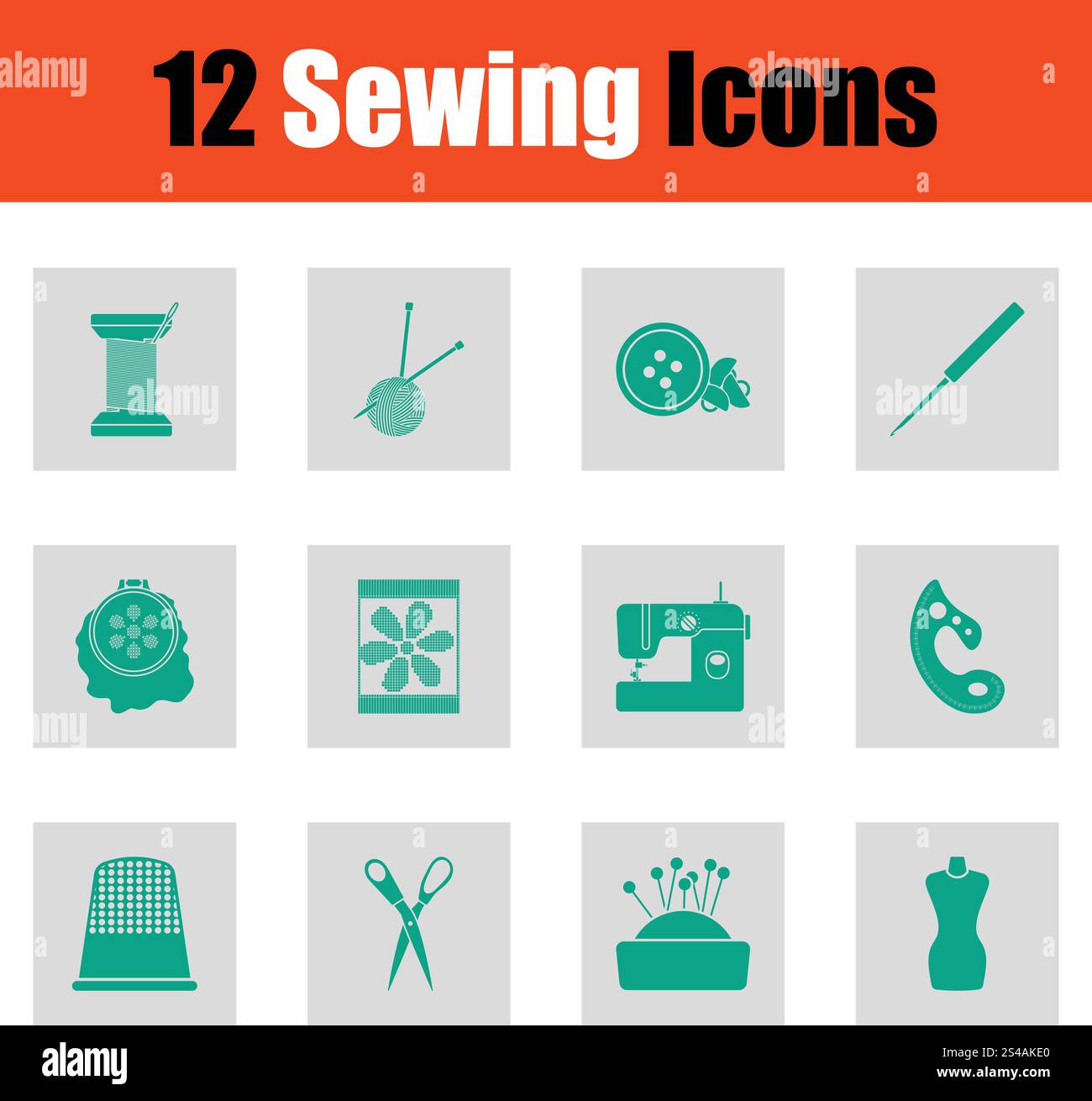 Set of twelve sewing icons. Set of twelve sewing icons. Green on gray design. Vector ...