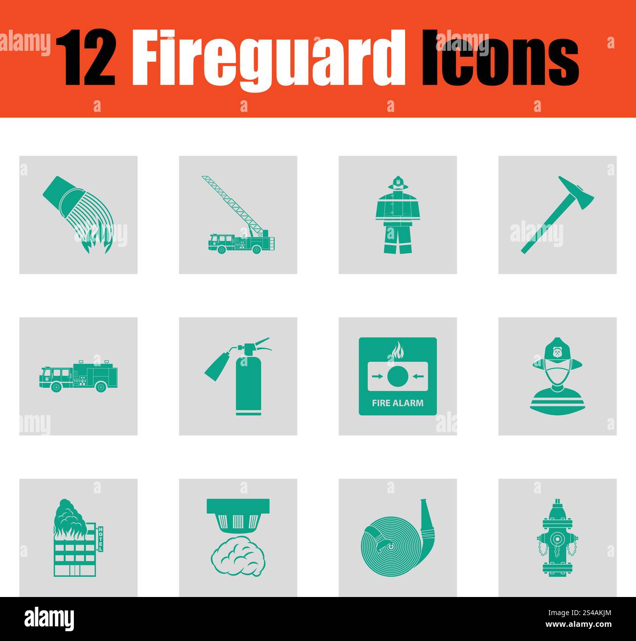 Set of fire service icons. Green on gray design. Vector illustration ...