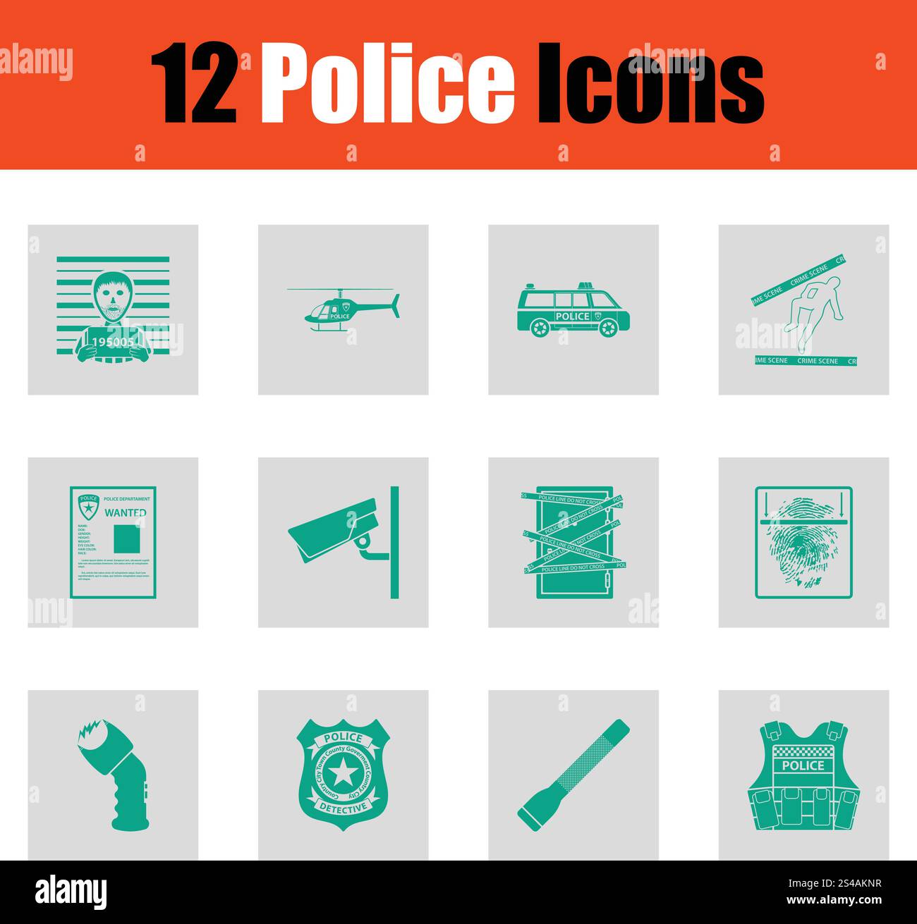 Set of police icons. Green on gray design. Vector illustration Stock ...