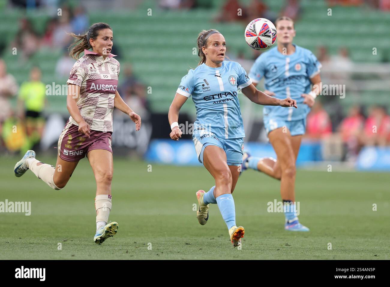 Melbourne, Australia. 11th Jan, 2025. Tyla-Jay Vlajnic of City controls ...