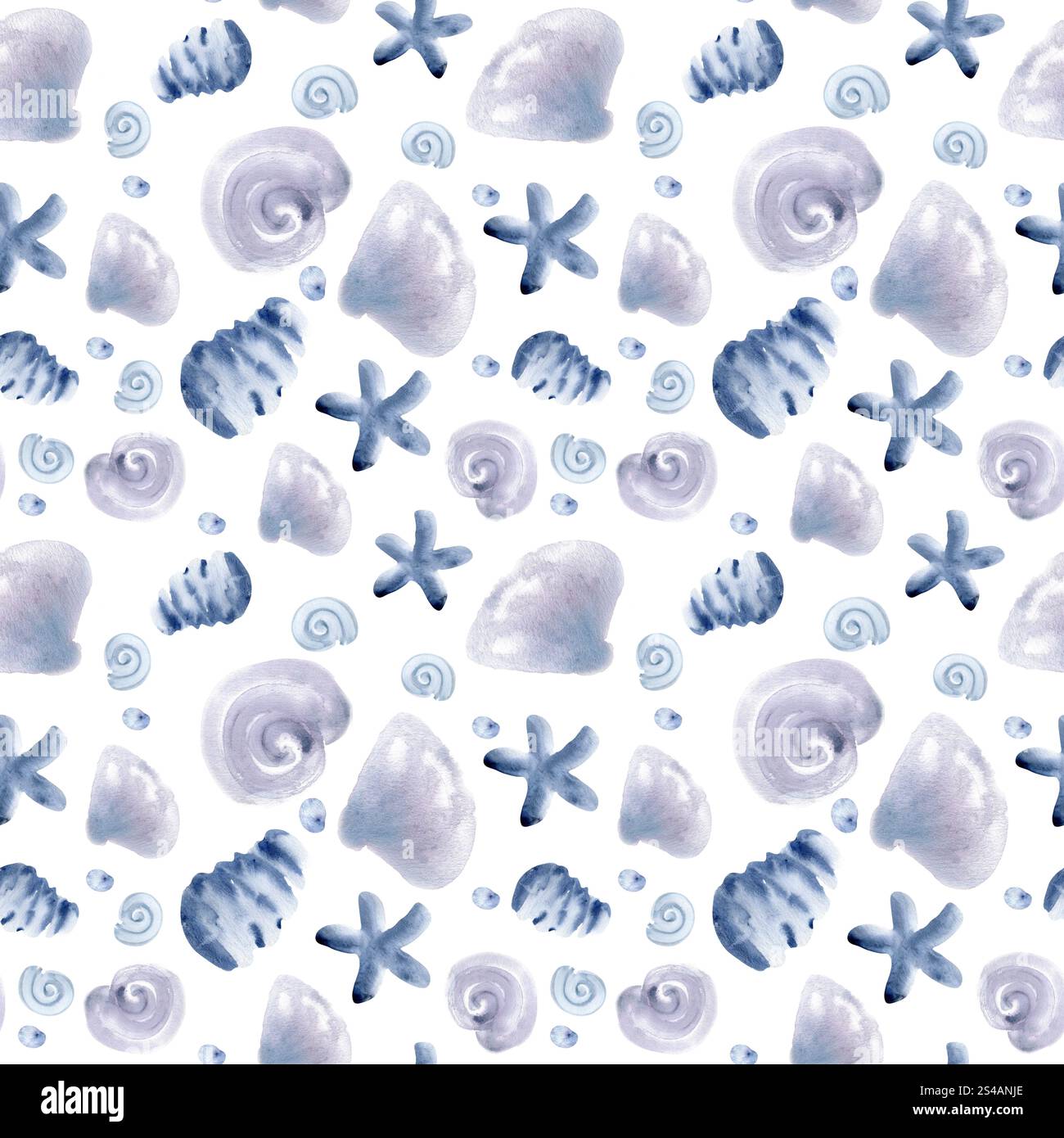 Shells and watercolor splash in dusty blue colors monochrome seamless ...