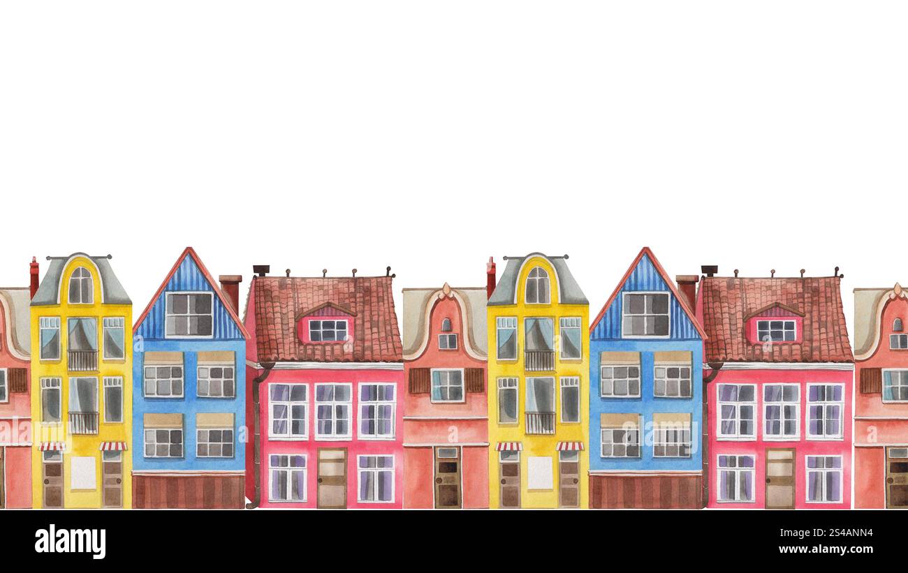 Three multi-storey old houses, seamless watercolor border, all objects ...