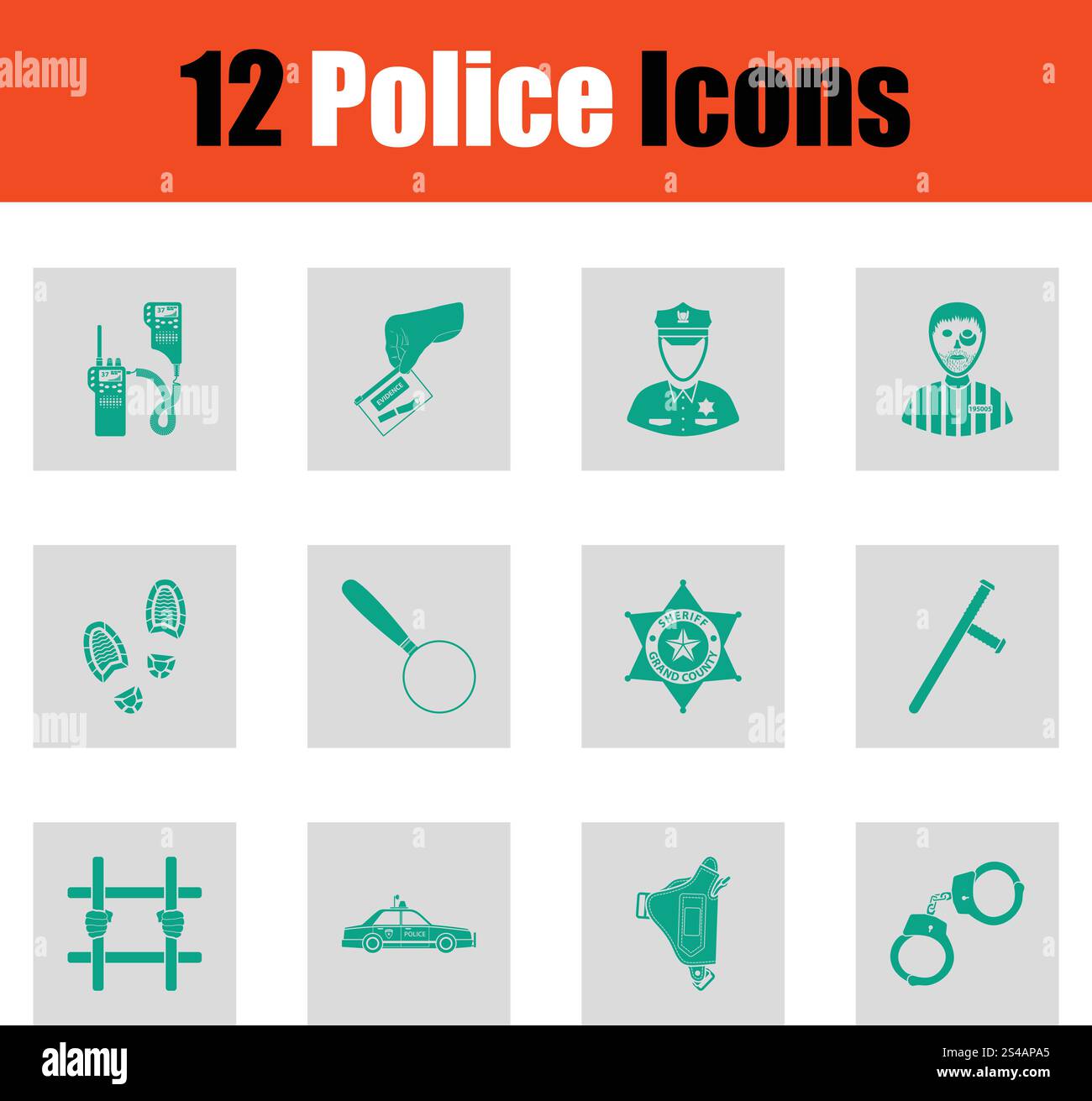 Set of police icons. Green on gray design. Vector illustration Stock ...