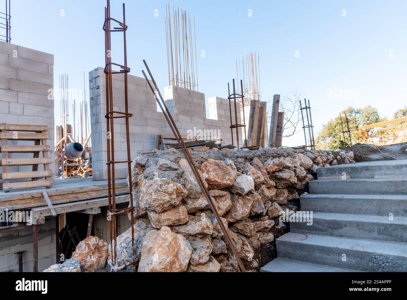 Open air construction site, residential building build, metal ...