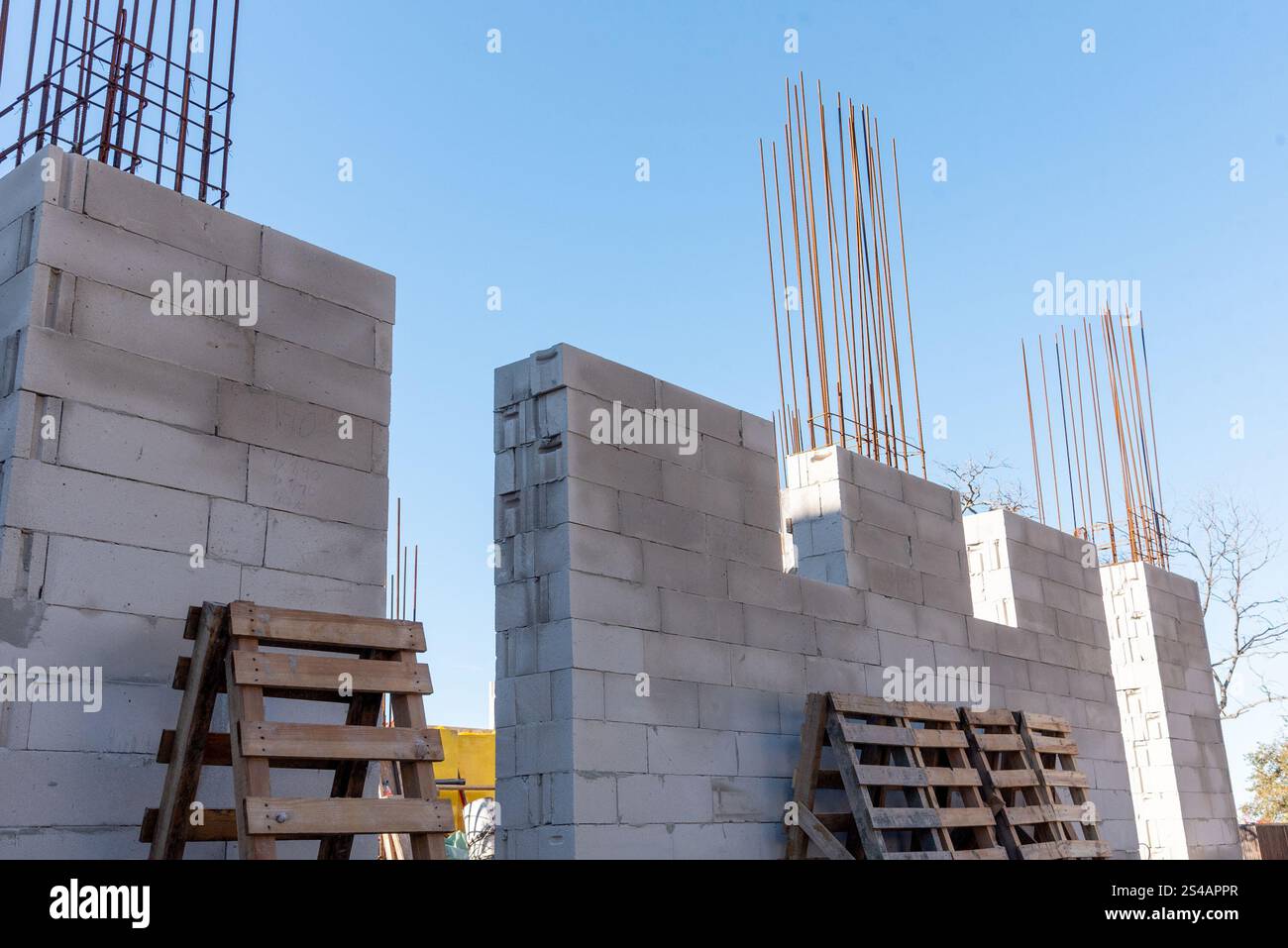 Open air construction site, residential building build, metal ...