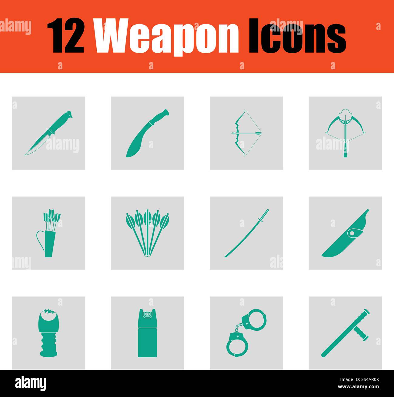 Set of twelve weapon icons. Set of twelve weapon icons. Green on gray ...