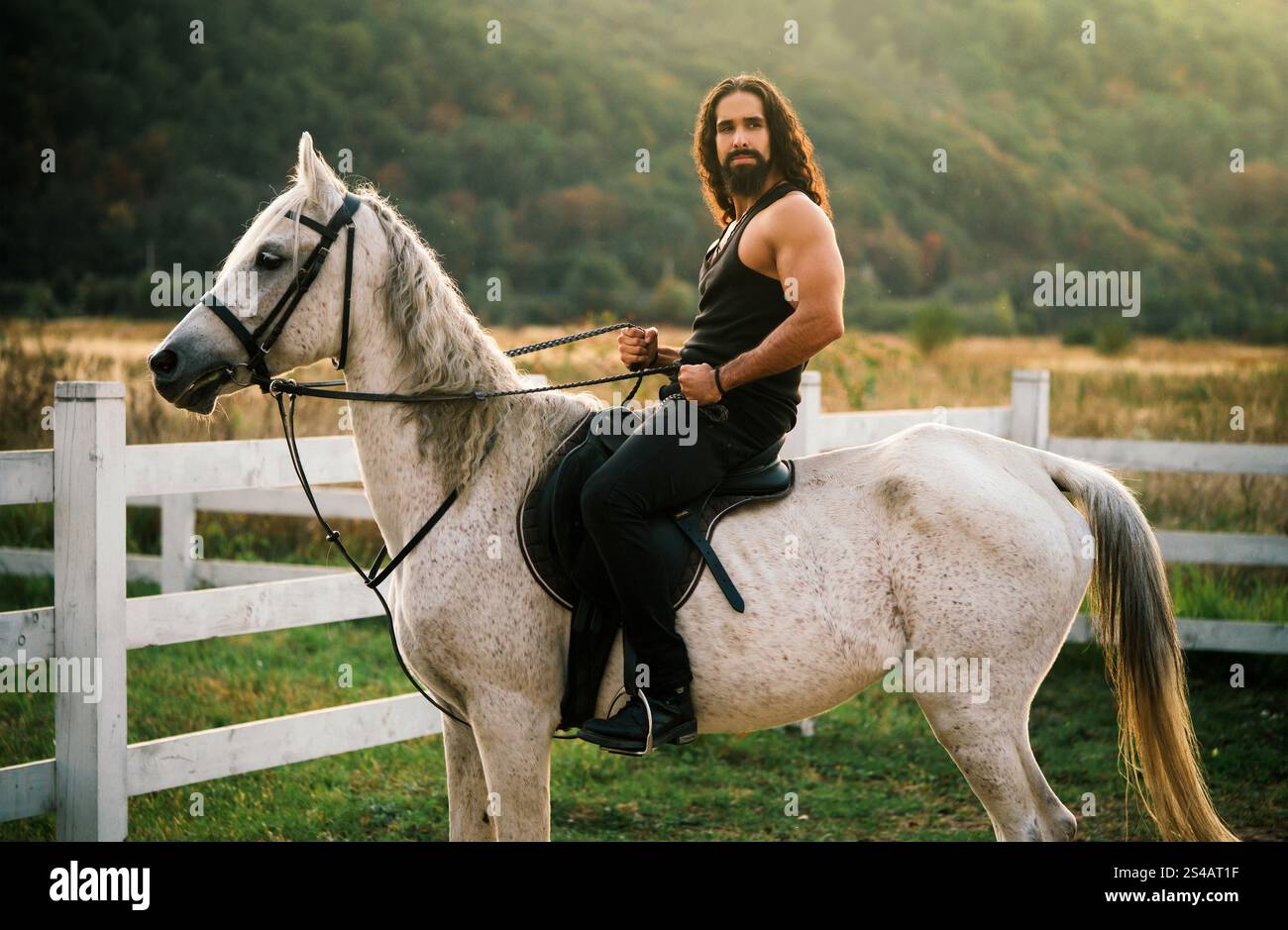 Good looking, hunky cowboy rides horse at beautiful country side nature ...