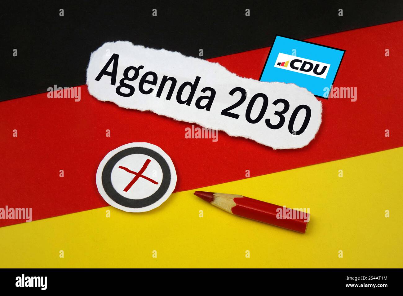 Deutschlandflagge mit Agenda 2030 und CDU-Logo sowie Wahlkreuz und ...