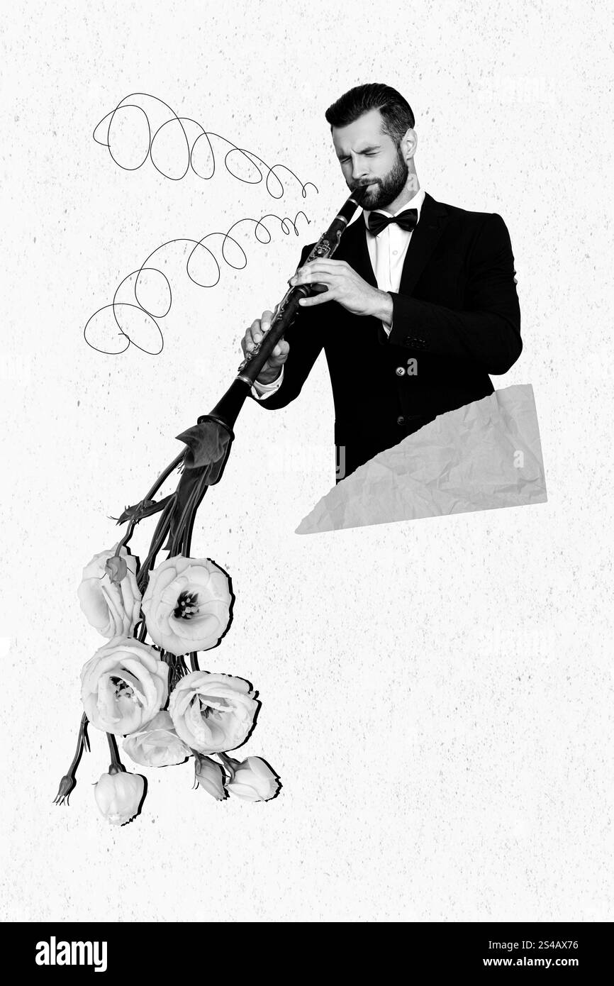 Vertical collage photo artwork of young musician guy wear formal ...