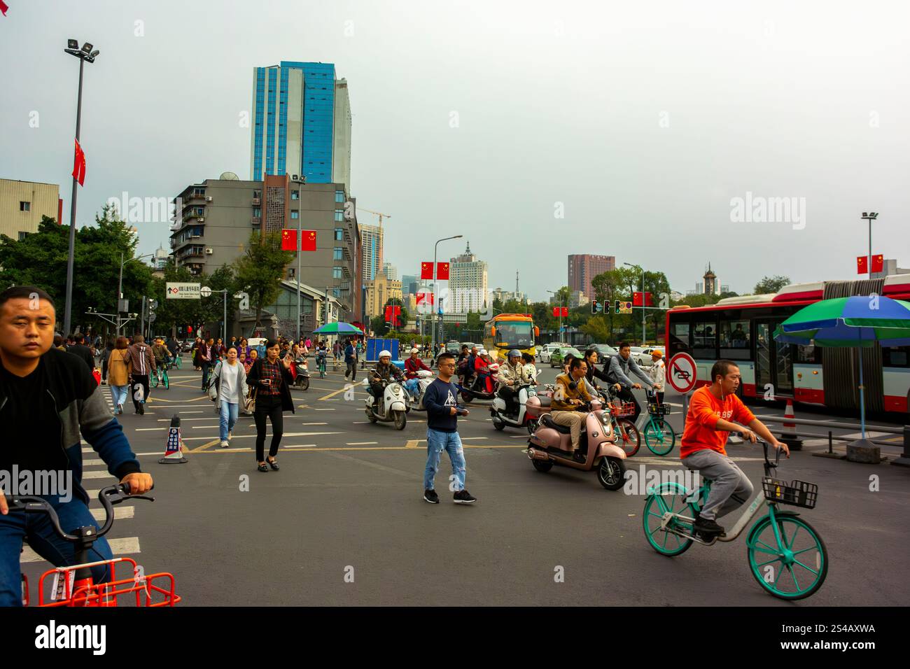 Chengdu, China, Sichuan, Large Crowd of People, Walking, Riding, Street ...