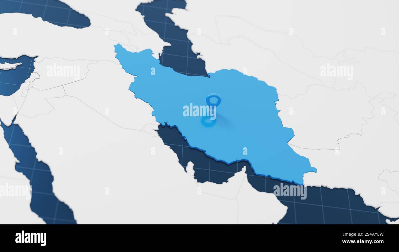 Blue Iran 3d map with pointer pin surrounded with other countries in ...