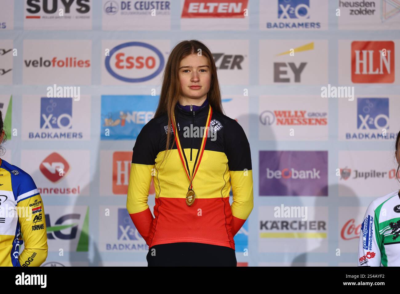 Yana Parthoens celebrates on the podium after winning the women U17 ...