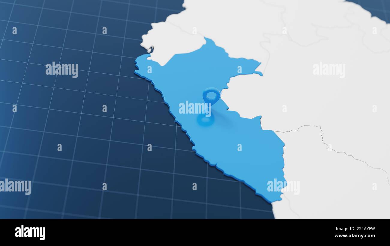 Blue Peru 3d map with pointer pin surrounded with other countries in ...