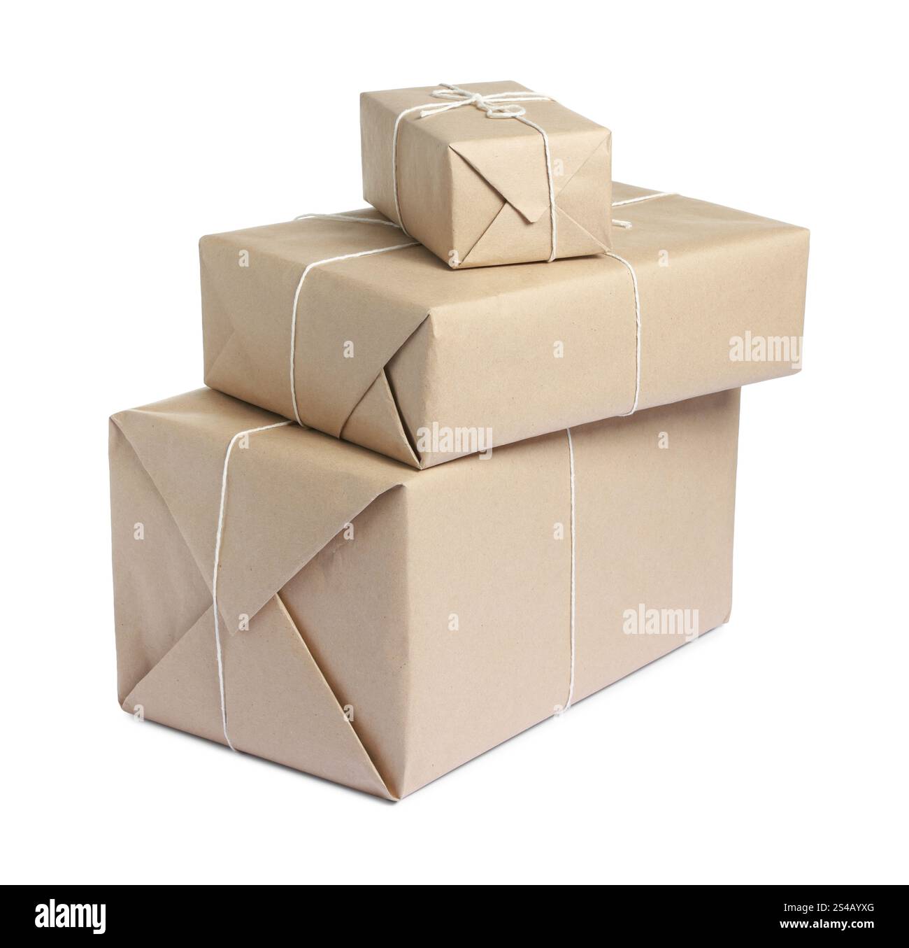 Parcels wrapped in kraft paper isolated on white Stock Photo - Alamy