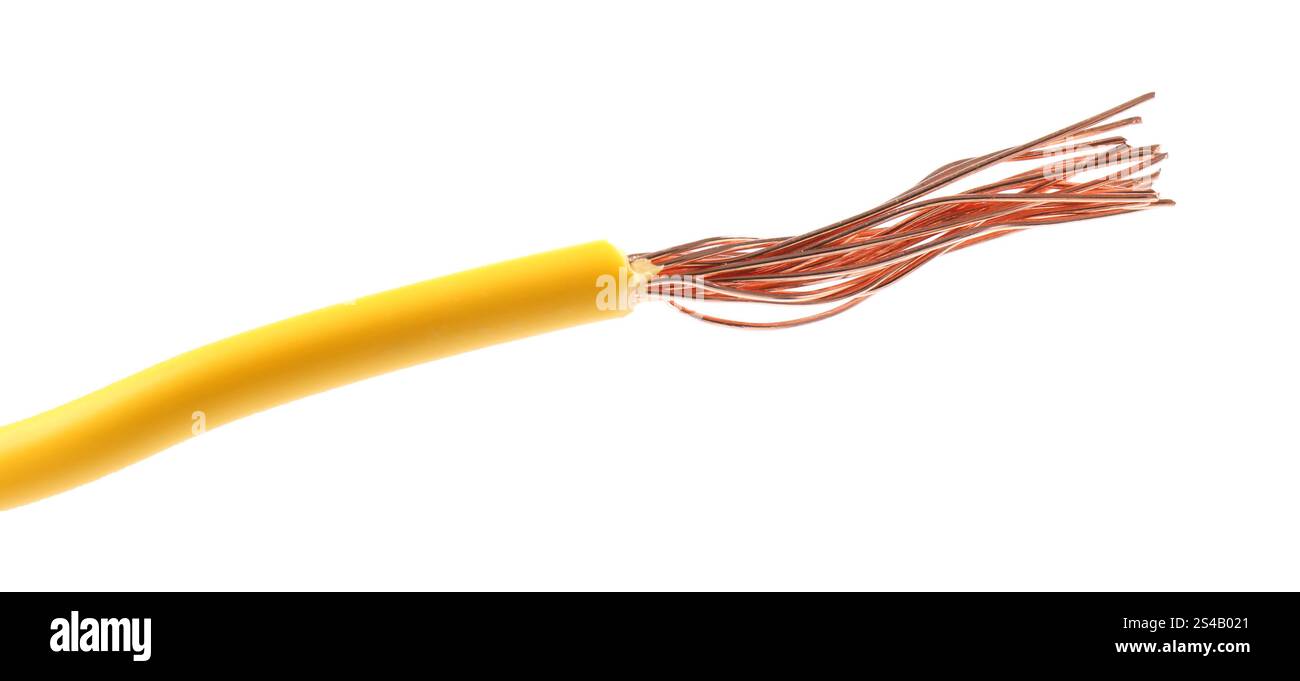 Stripped electrical wire with copper strands on white background Stock ...