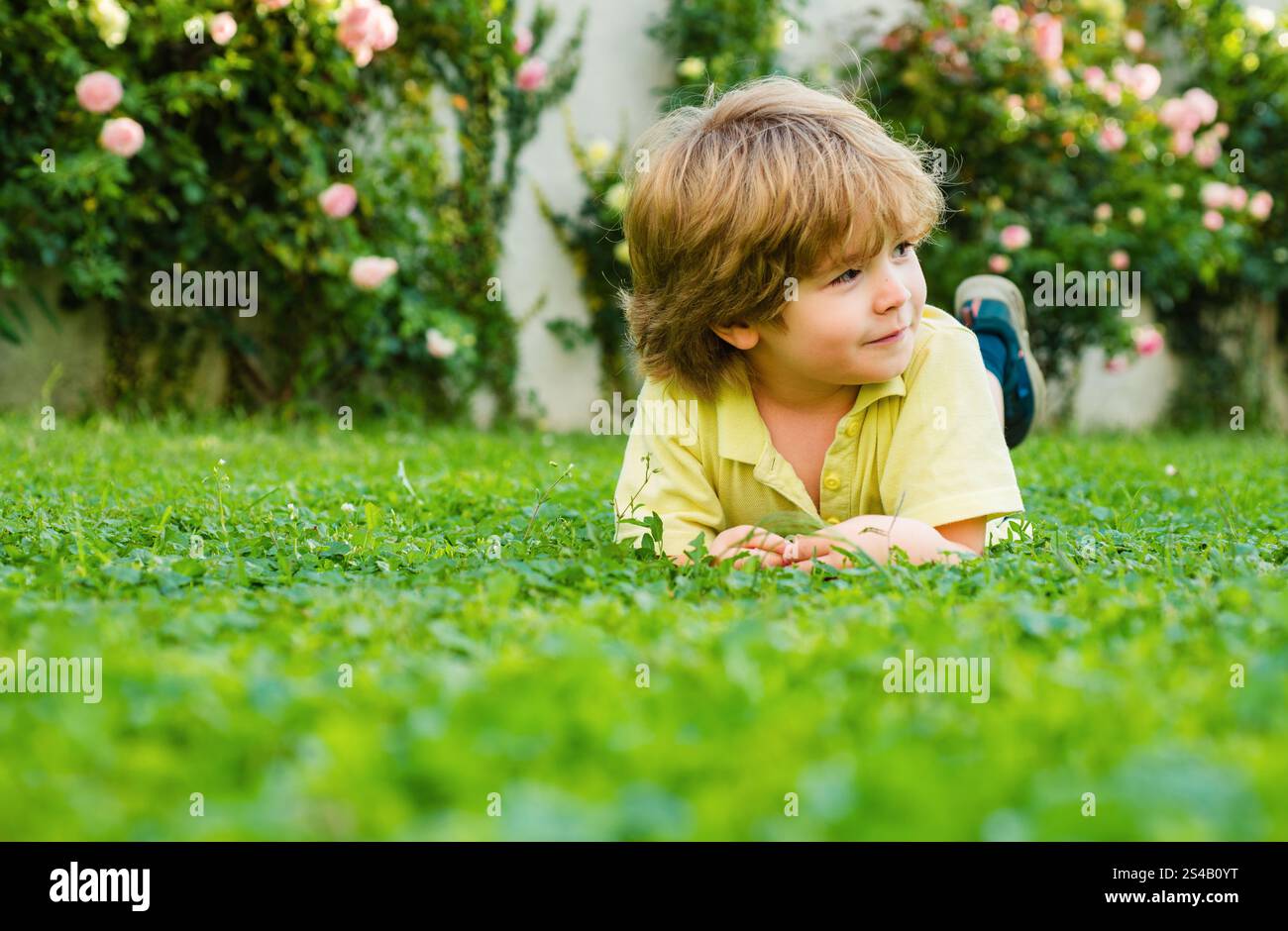 Happy child lying on green grass. Smiling boy having fun outdoor in ...