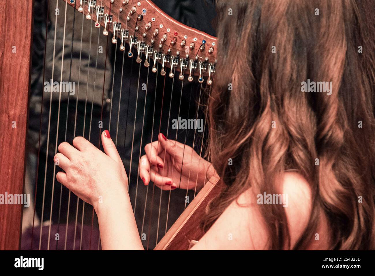 Woman plays the strings of a harp, a harper guitarist performs at a ...