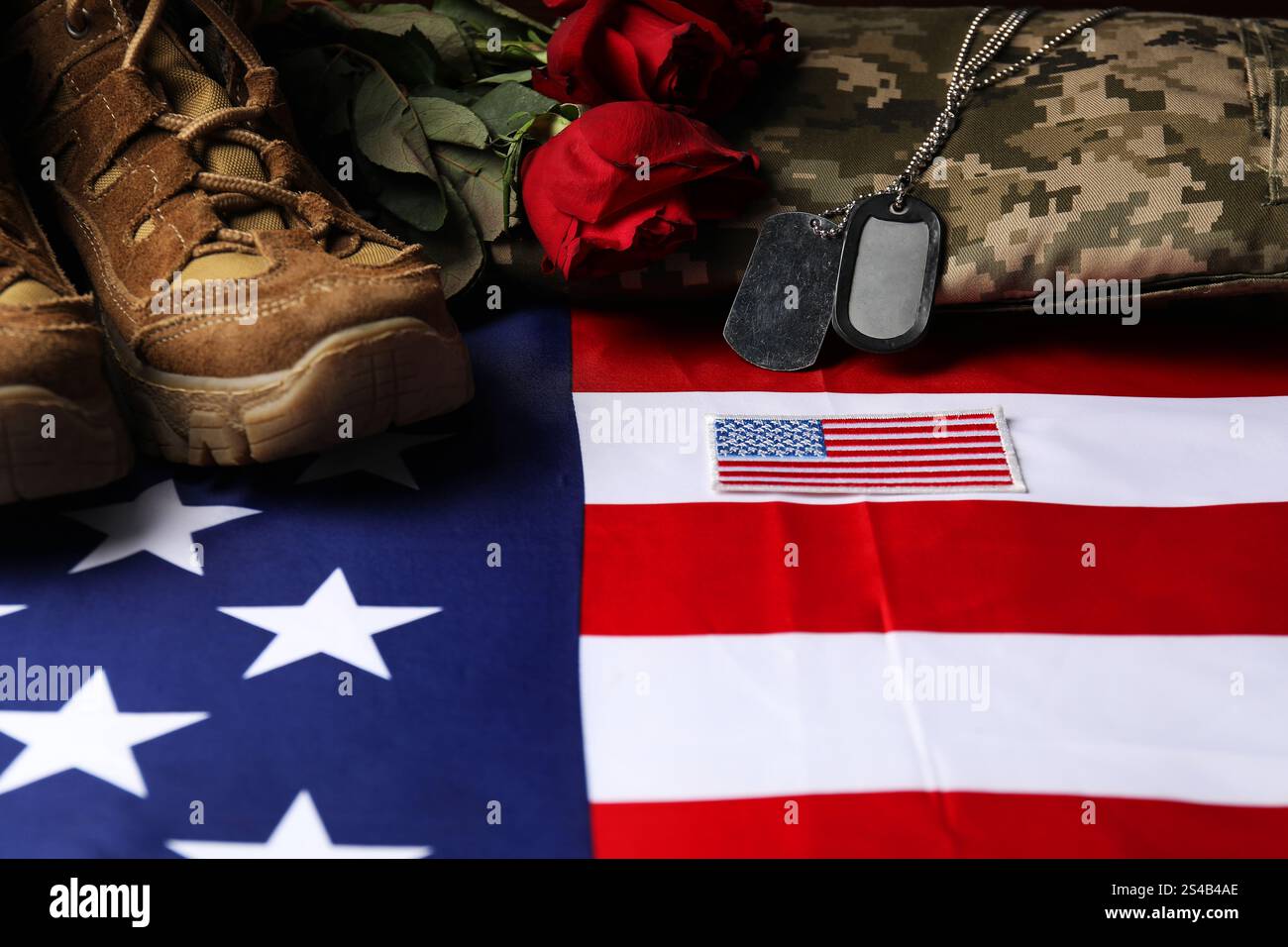 Veterans day. USA army patch, tokens, American flag, roses and military ...