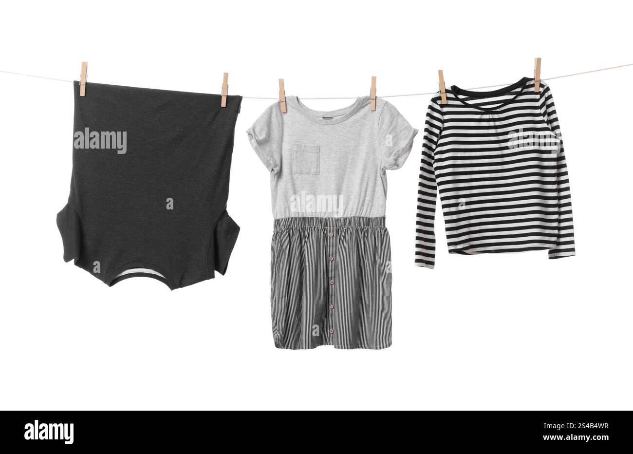 Different clothes drying on laundry line against white background Stock ...
