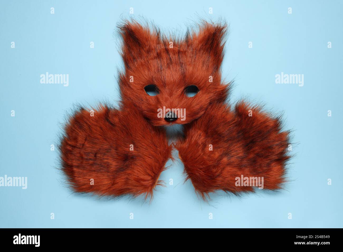 Quadrobics. Fox mask and gloves on light blue background, top view ...