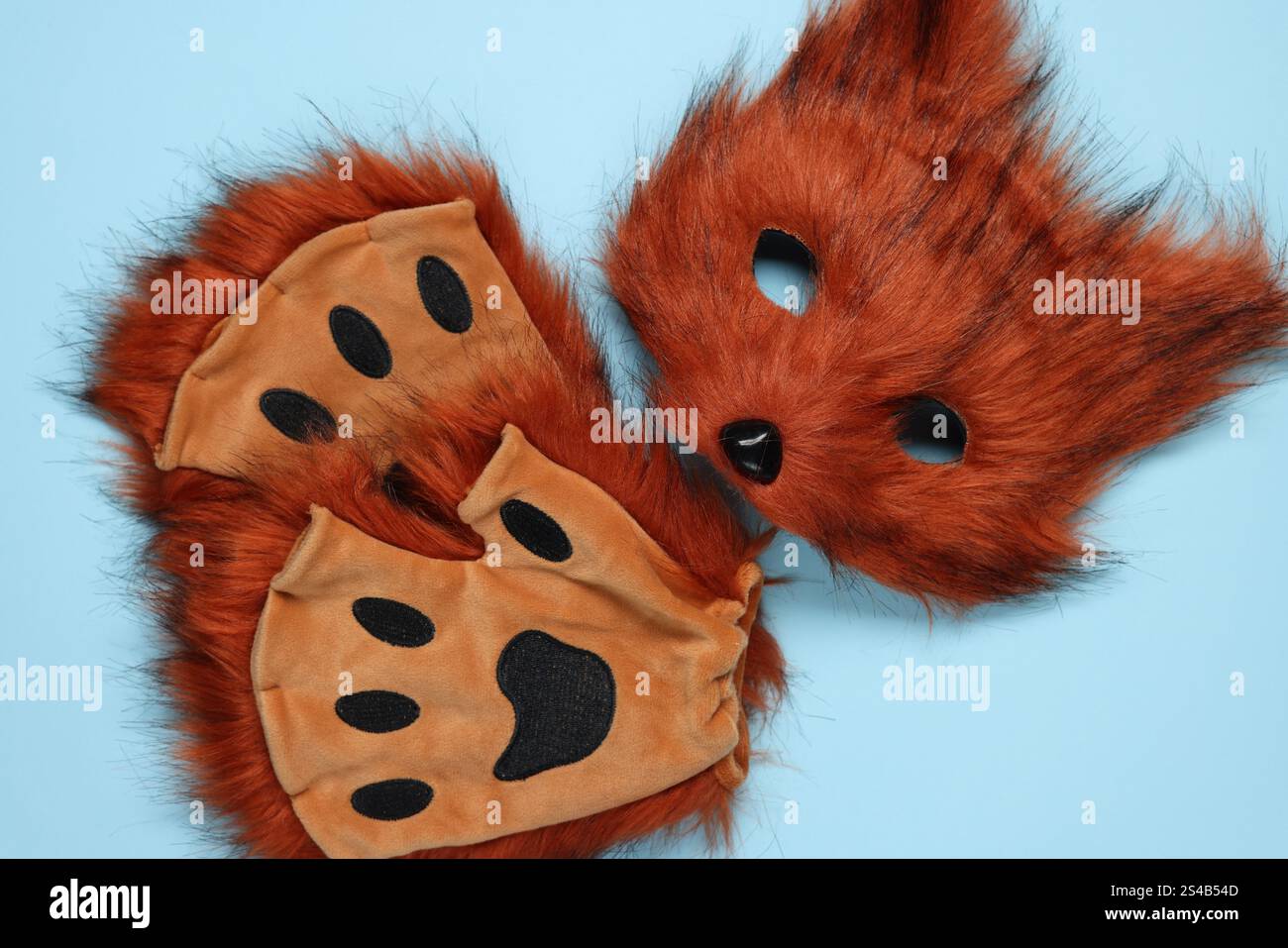 Quadrobics. Fox mask and gloves on light blue background, top view ...