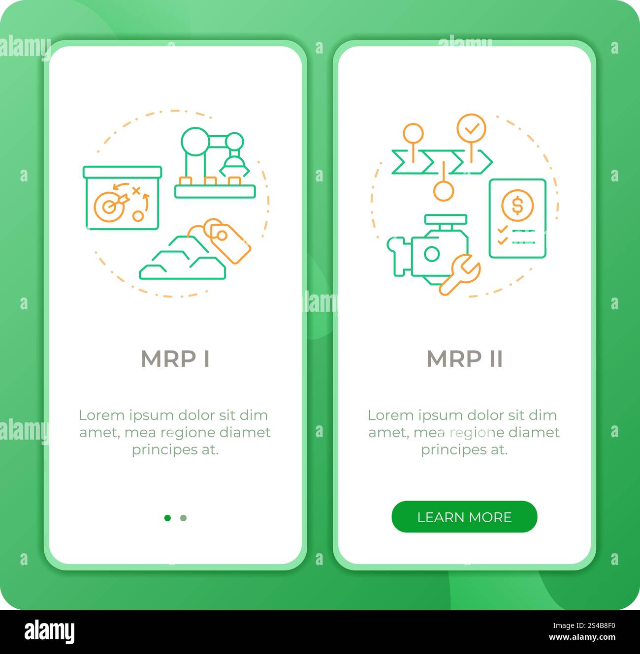 MRP app onboarding screens. Industrial planning. Duo tone vector ...
