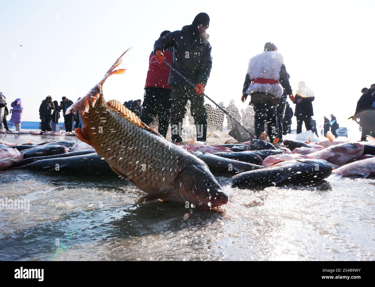 (250111) -- SHENYANG, Jan. 11, 2025 (Xinhua) -- People catch fish at ...