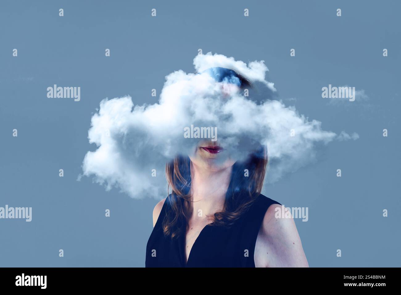Mental health, woman with her head in a cloud, introvert, mental load ...